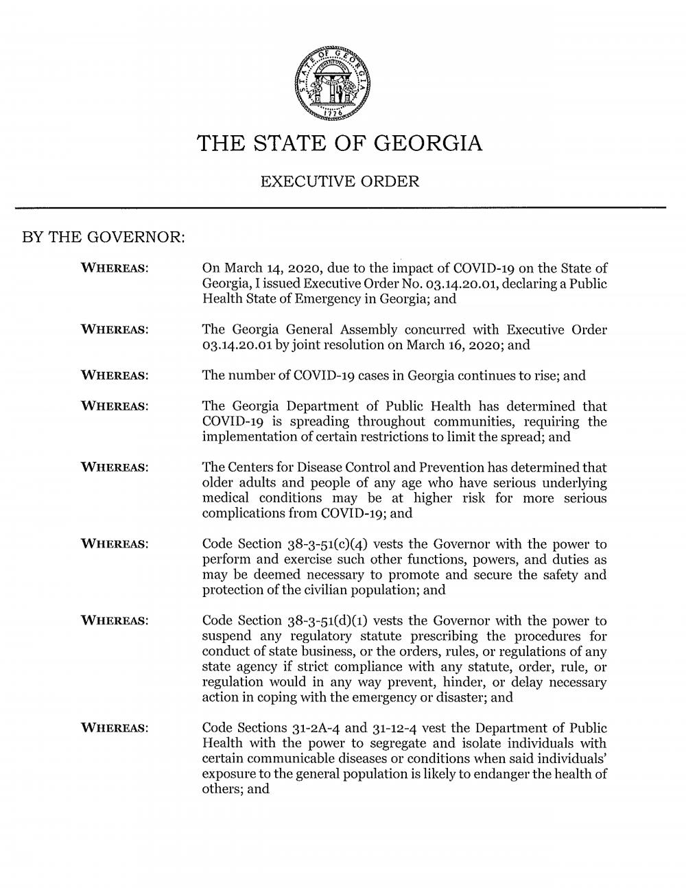 STATE OF GEORGIA GOVERNOR KEMP EXECUTIVE ORDER | Dawsonville Georgia