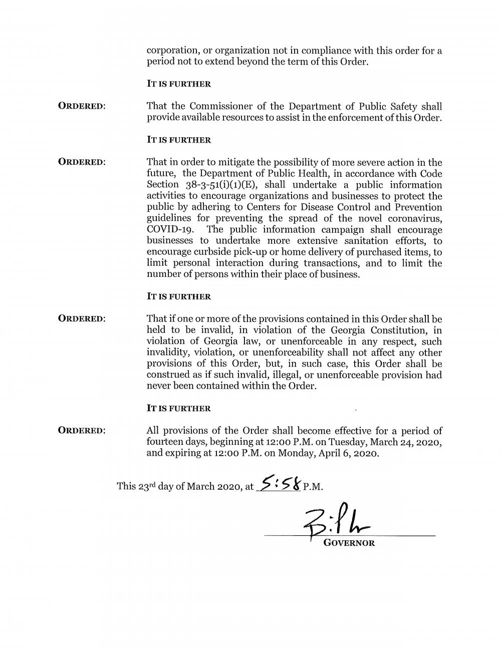 STATE OF GEORGIA GOVERNOR KEMP EXECUTIVE ORDER | Dawsonville Georgia